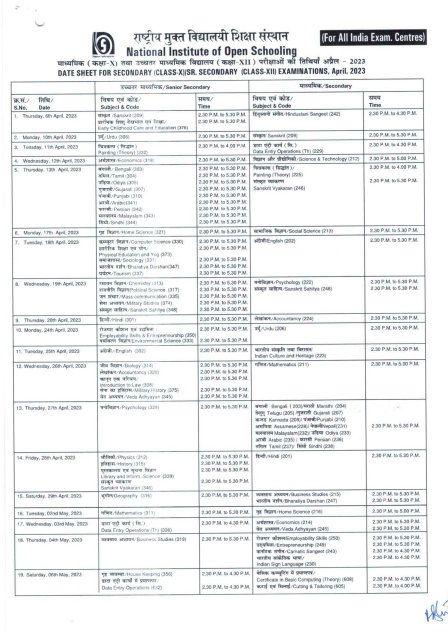 NIOS 12th Board Time Table 2024 : Exam Date Sheet - Admissions