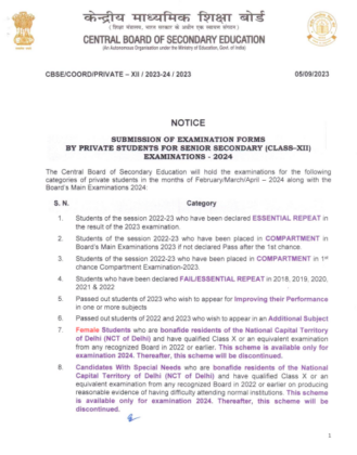 CBSE Private Candidate Registration 2024-25: Additional, Compartment ...