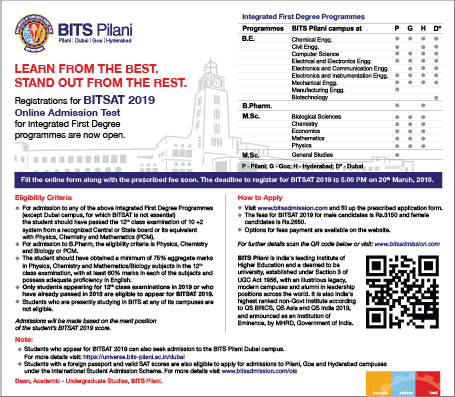 BITSAT 2020 Notification: BITS Pilani, Goa & Hyderabad Admission