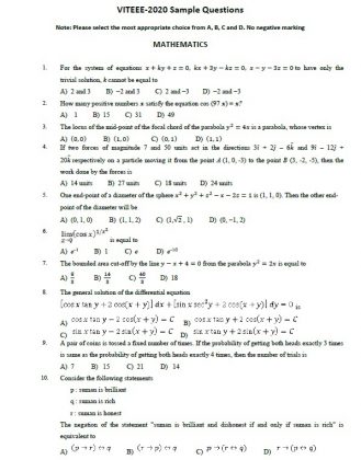 VITEEE 2022 Syllabus PDF: VIT University Sample Question Papers