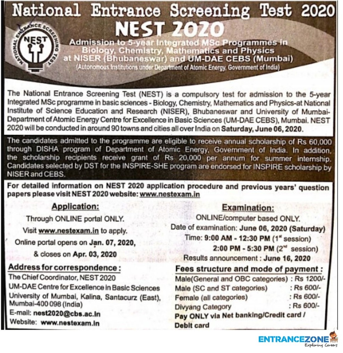 NEST 2020: Notifications (Released), Application Form, Eligibility Criteria